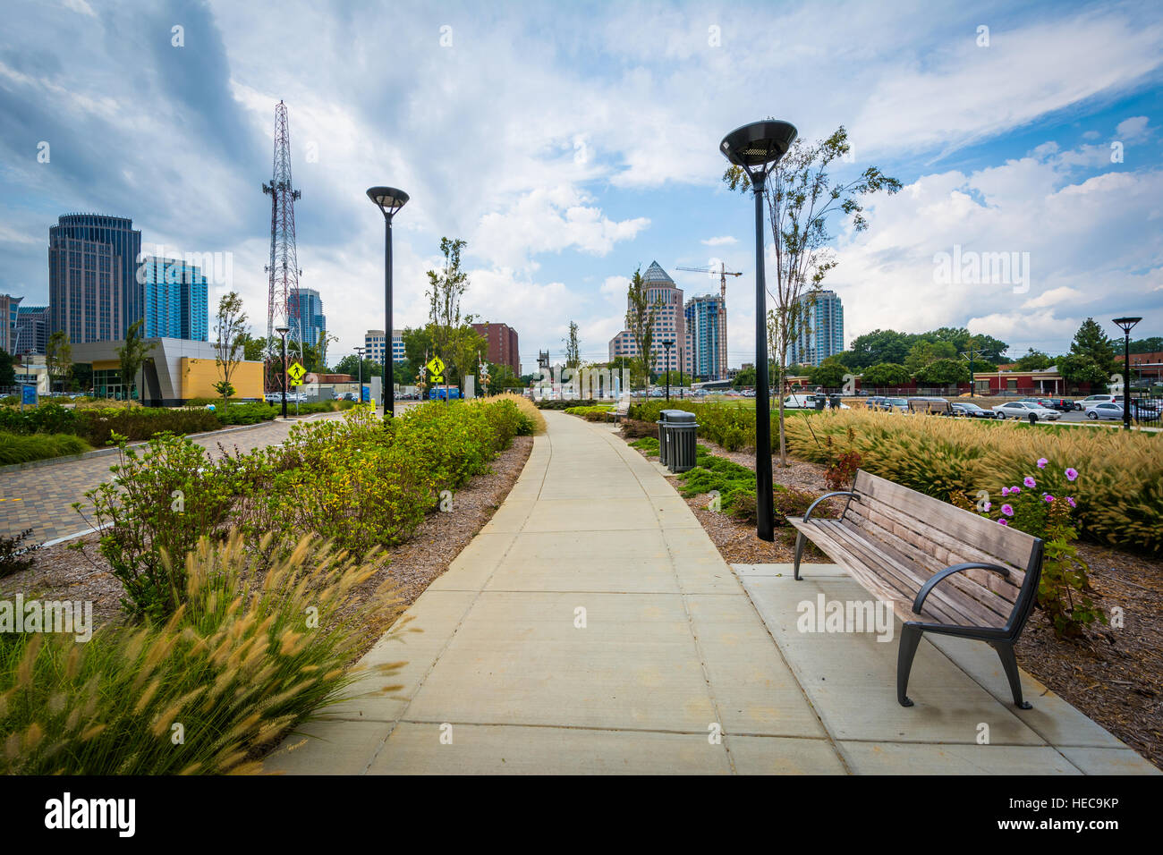 Bench and walkway at First Ward Park in Uptown Charlotte, North ...