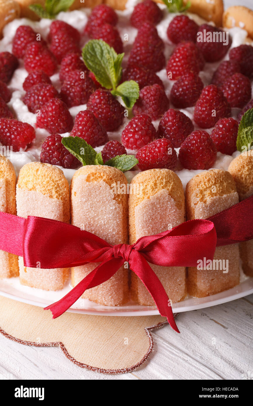 Beautiful raspberry charlotte cake with Savoiardi macro on a plate ...