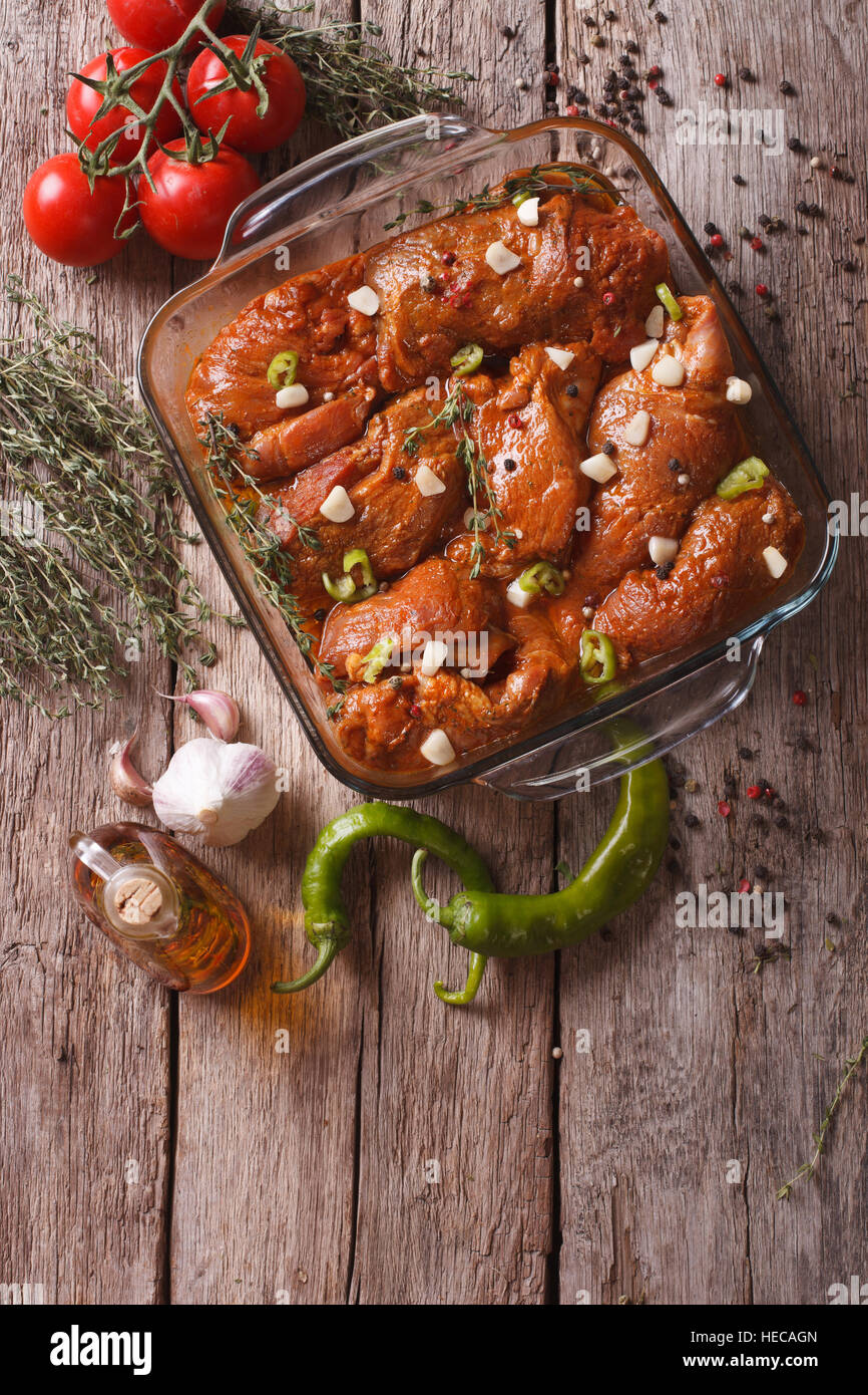 Raw meat in red marinade with spices in a bowl. vertical top view Stock ...