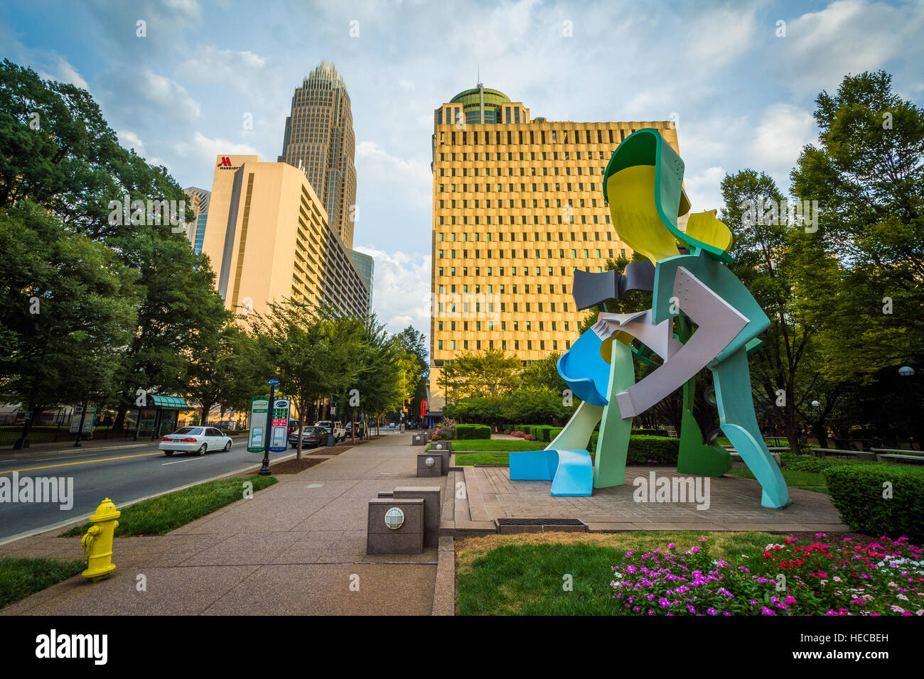Gardens, sculpture and modern buildings in Uptown Charlotte, North ...