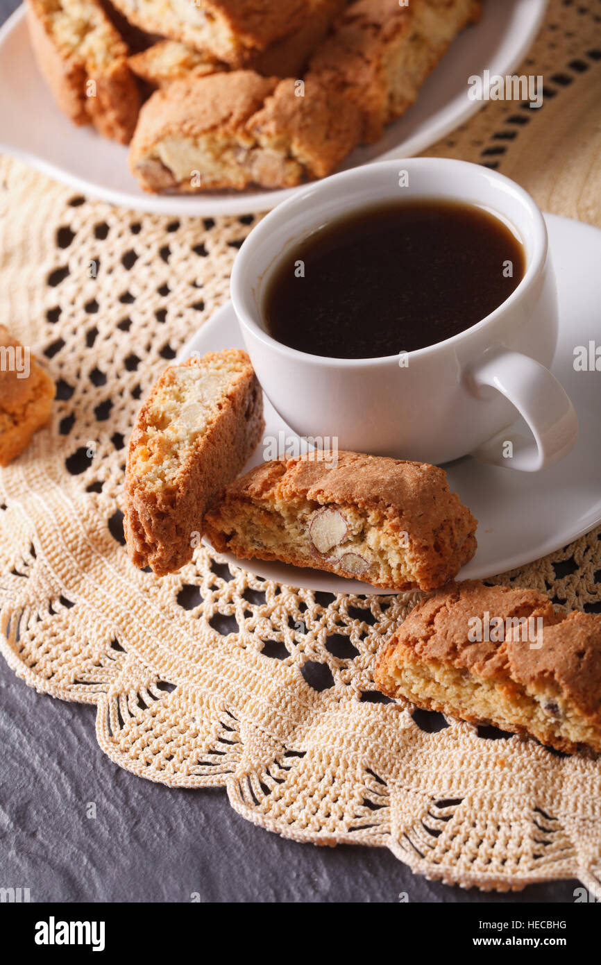 Fragrant coffee and Italian cookies cantuccini closeup on the table ...