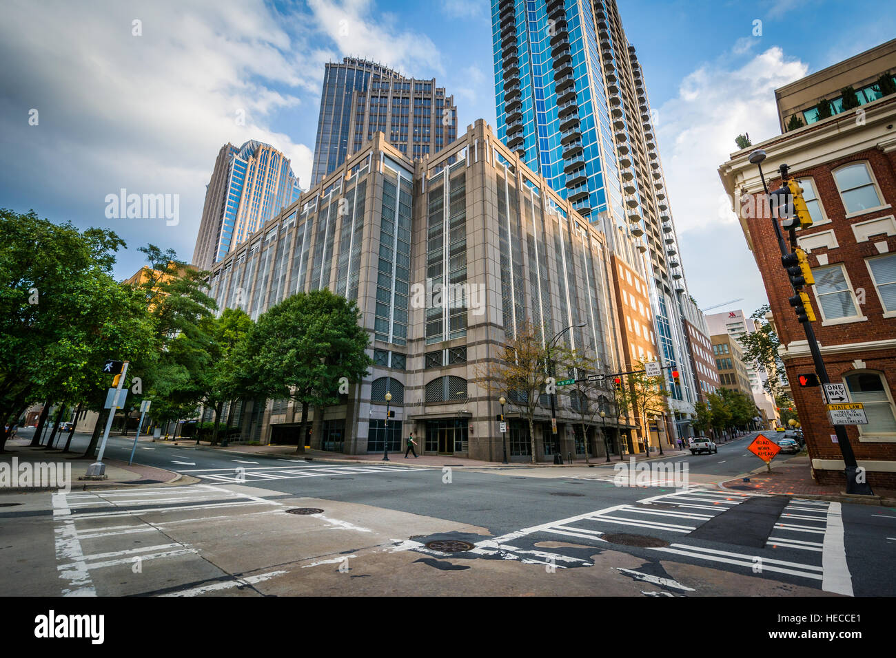 Intersection and modern buildings in Uptown Charlotte, North Carolina ...