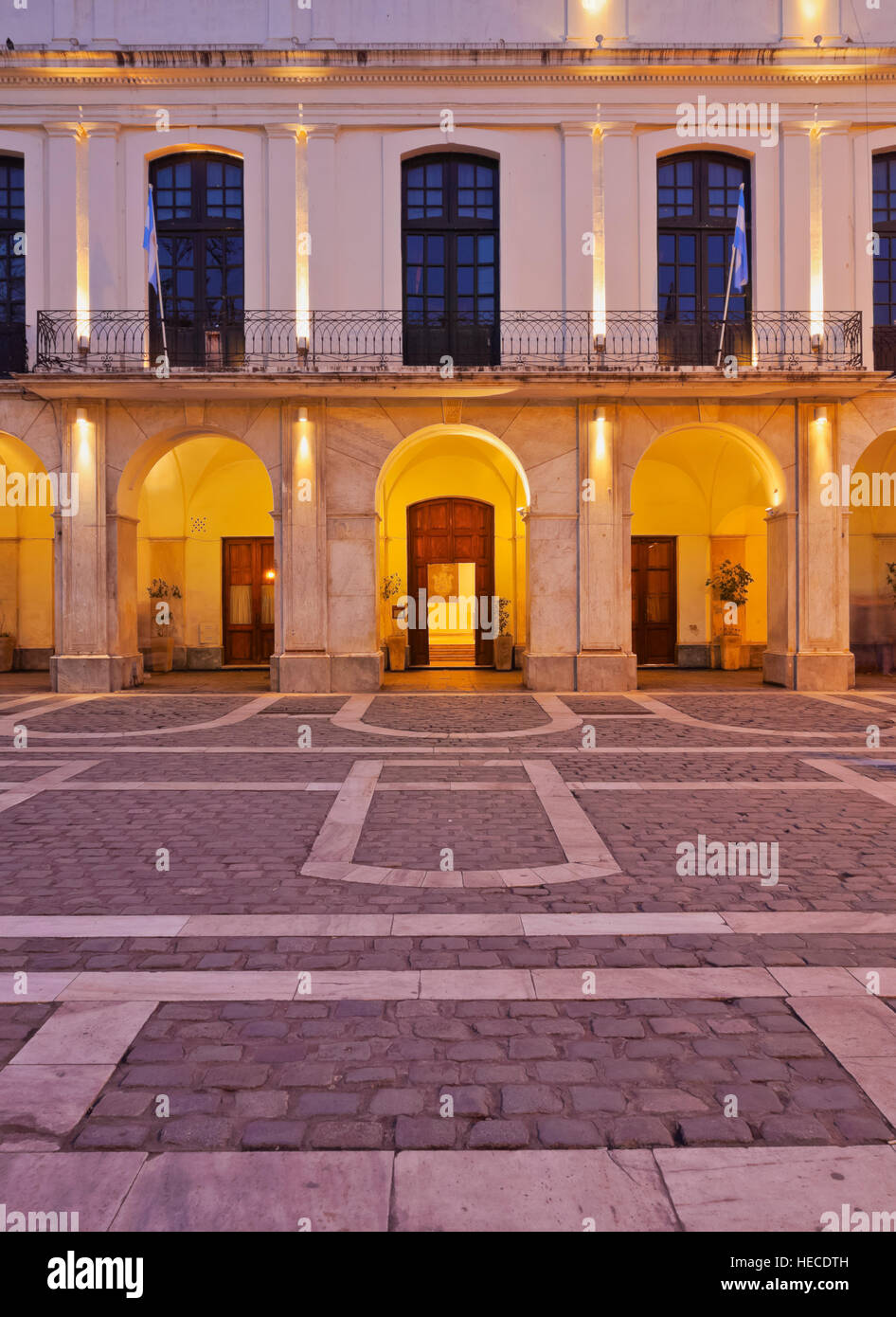 Argentina, Cordoba, Twilight view of the Cordoba Cabildo, colonial town ...