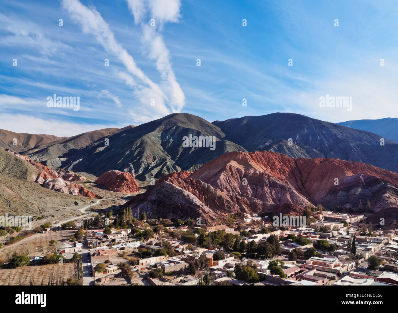 Argentina, Jujuy Province, Purmamarca, Elevated view of the town and ...