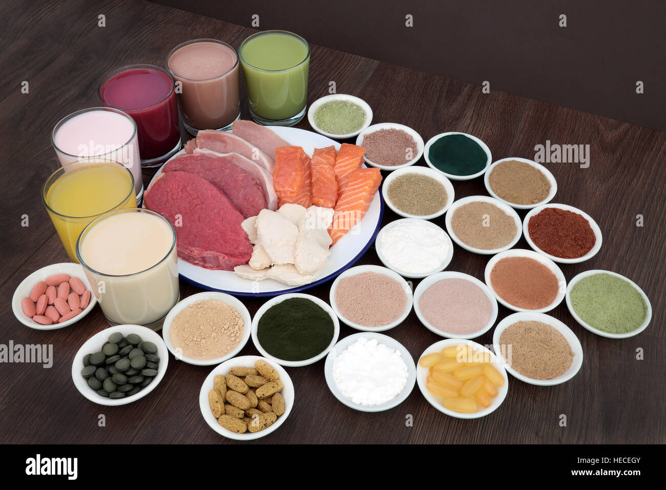 Health food and drinks for body builders with lean meat of steak ...