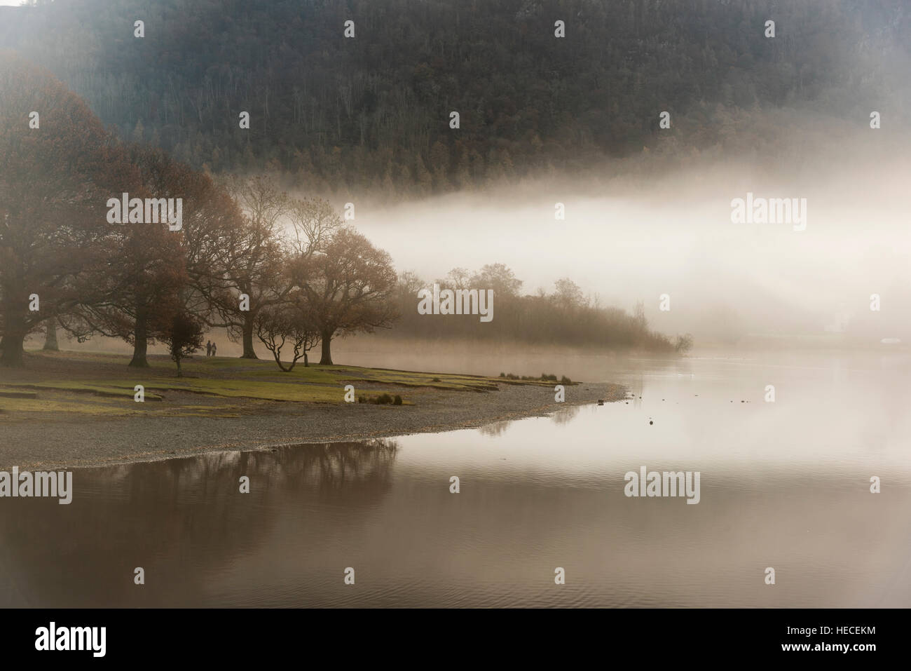 Mist swirls around the landscape on the lake shore at Derwentwater ...