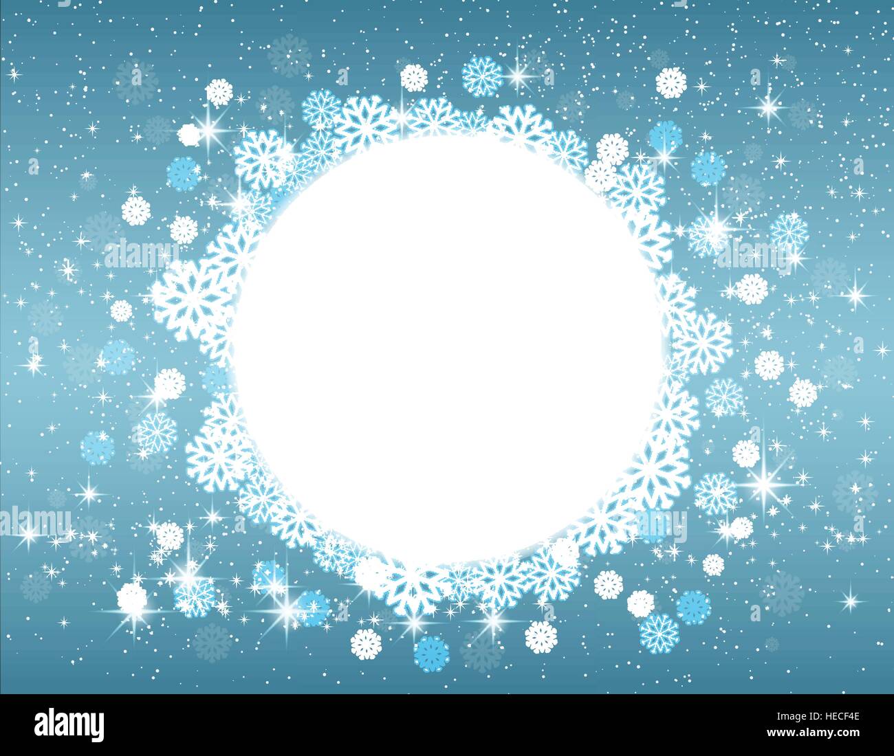 Celebratory blue winter background with snowflakes and stars round ...