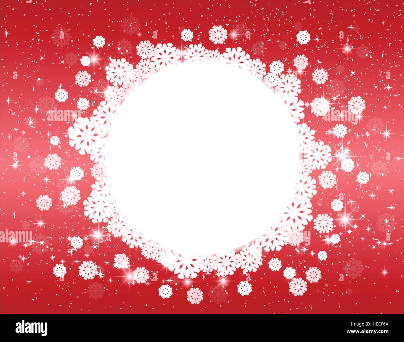 Celebratory red winter background with snowflakes and stars round frame ...