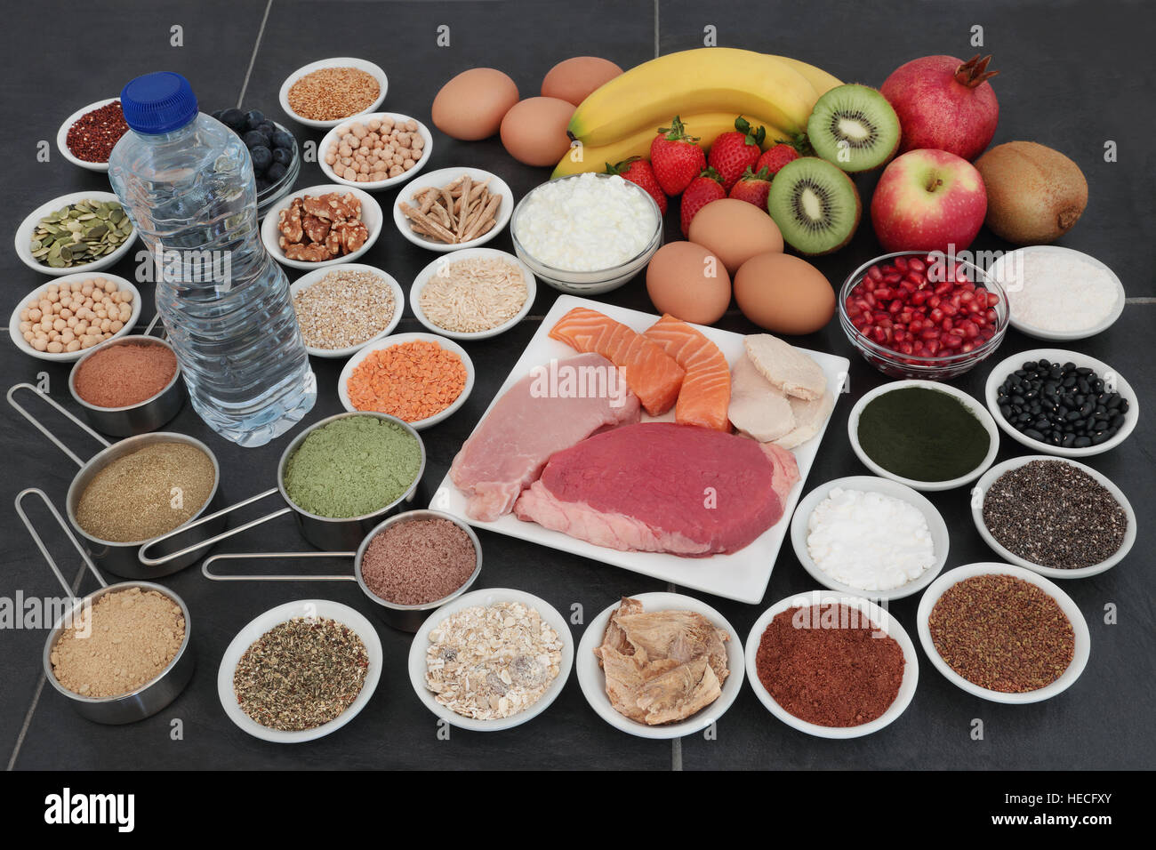 Body building food of high protein lean meat and salmon, supplement ...