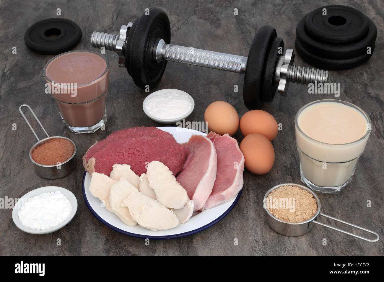 High protein food of meat and eggs with health drinks for body builders ...