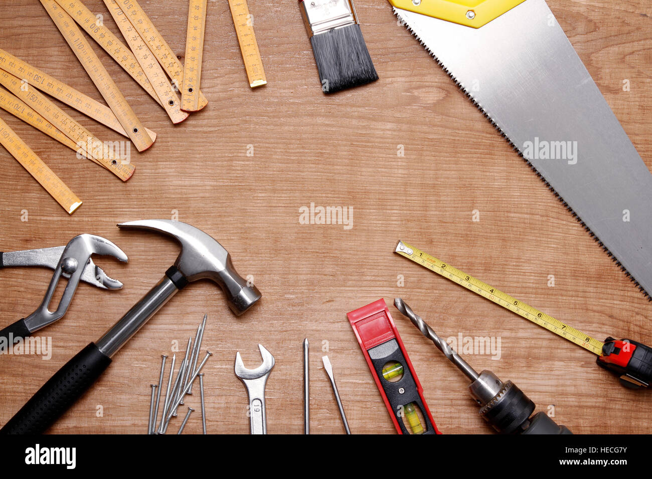 Assorted work tools on wood Stock Photo - Alamy