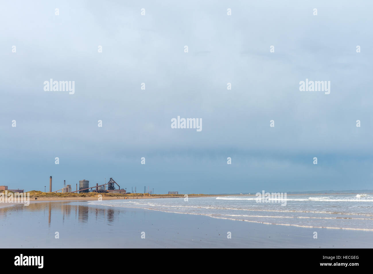 The redundant Redcar steel works overlooking Redcar beach and coastline ...
