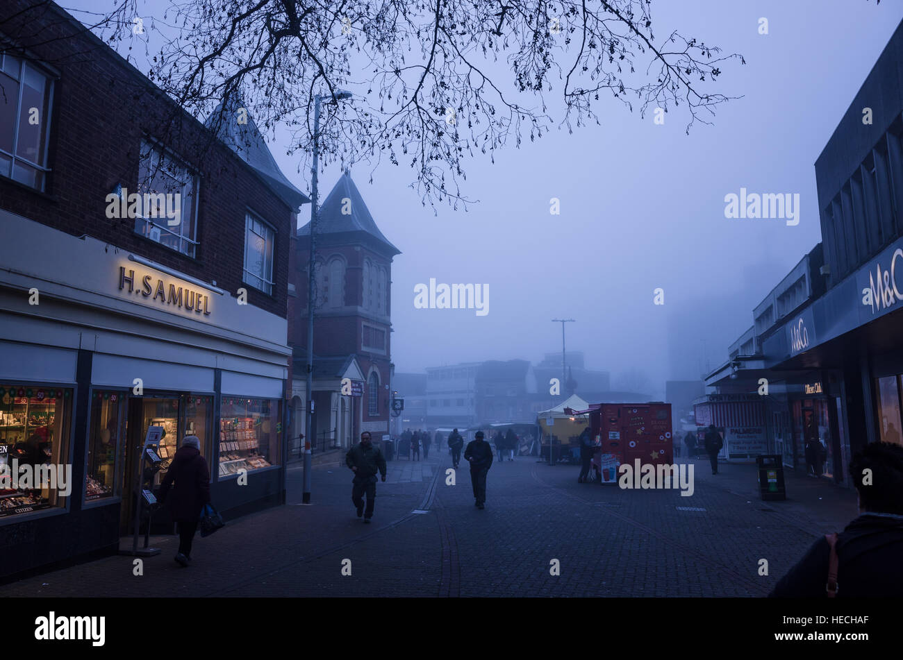 Gold street shopping center in Kettering town, England, on a foggy ...
