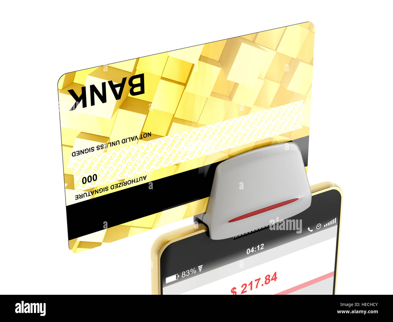 Paying with bank card on smartphone and credit card reader Stock Photo ...
