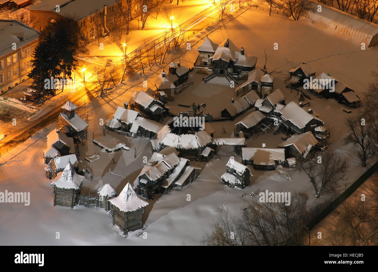 The scenery of the wooden Slavic village in full size with snow, at ...