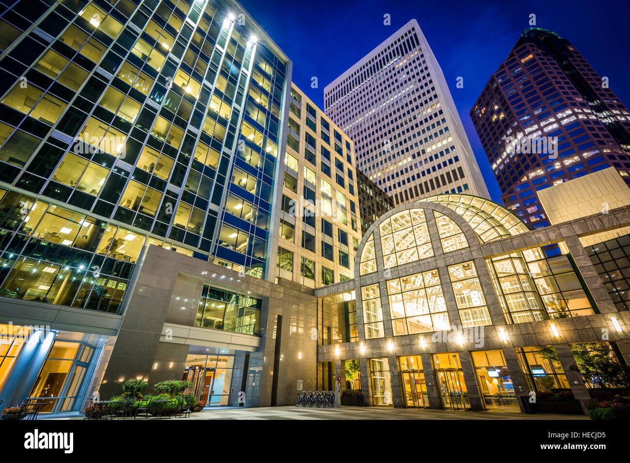 Modern buildings at night, in Uptown Charlotte, North Carolina Stock ...