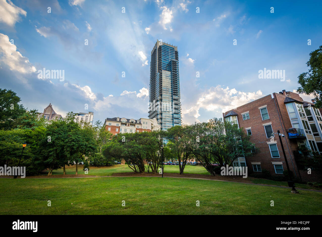 Modern skyscraper and Fourth Ward Park, in Charlotte, North Carolina ...