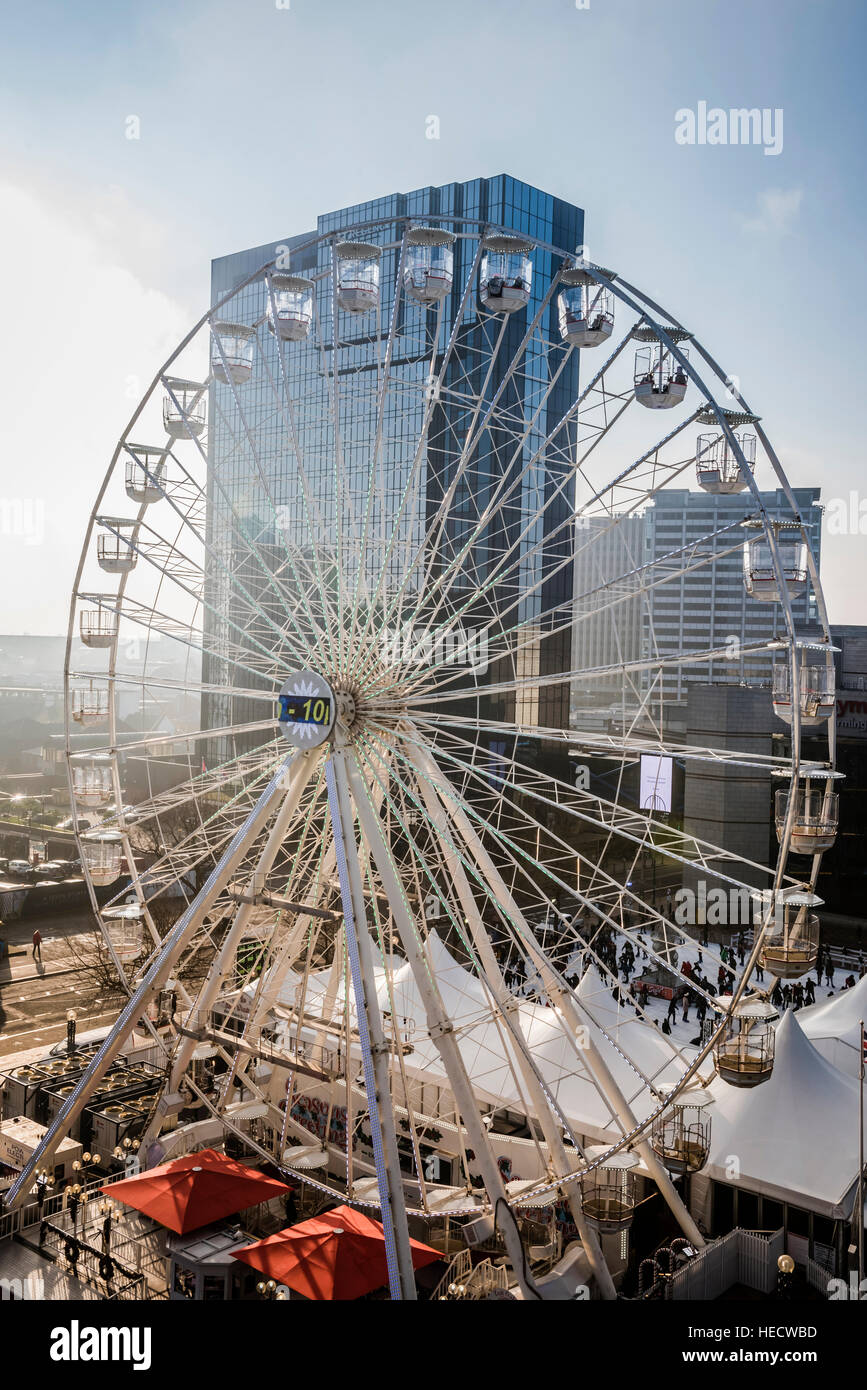 Huge ferris wheel, The Birmingham Eye and ice skating rink part of ...