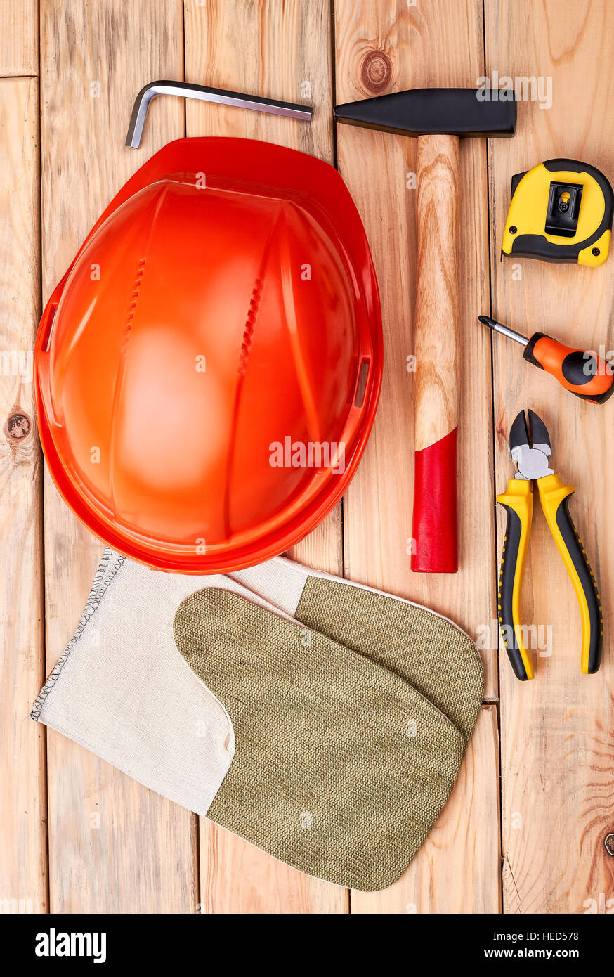 Tool kit on wooden backdrop Stock Photo - Alamy