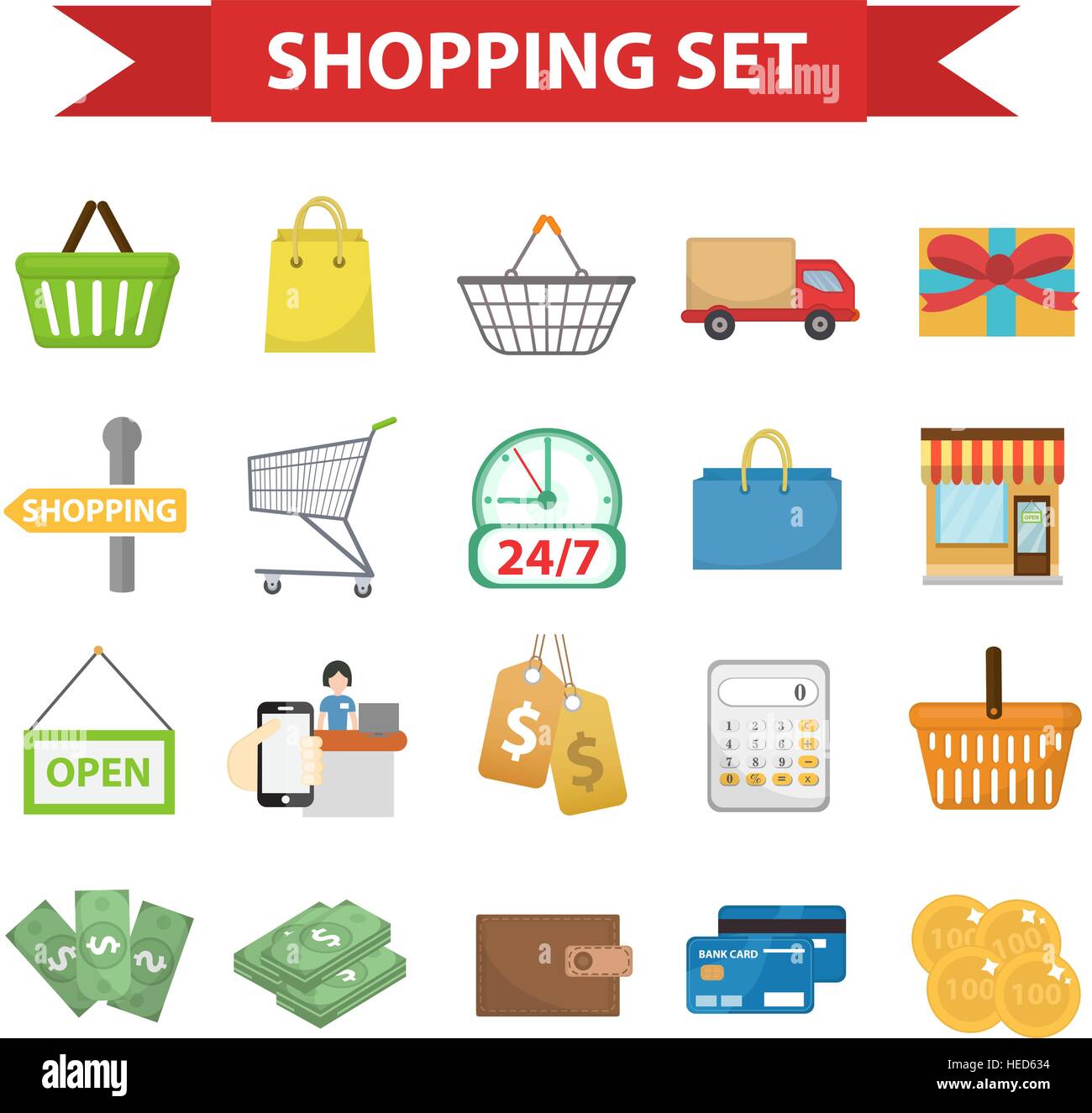 Shopping icon set, flat style. Shop icons collection isolated on white ...