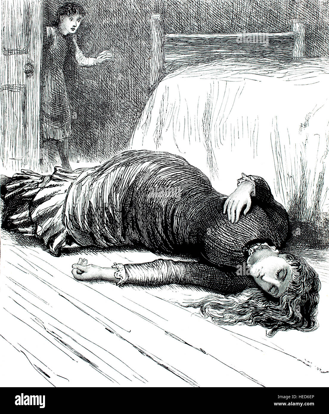 girl discovering mother collapsed on floor, illustration from 1884 ...