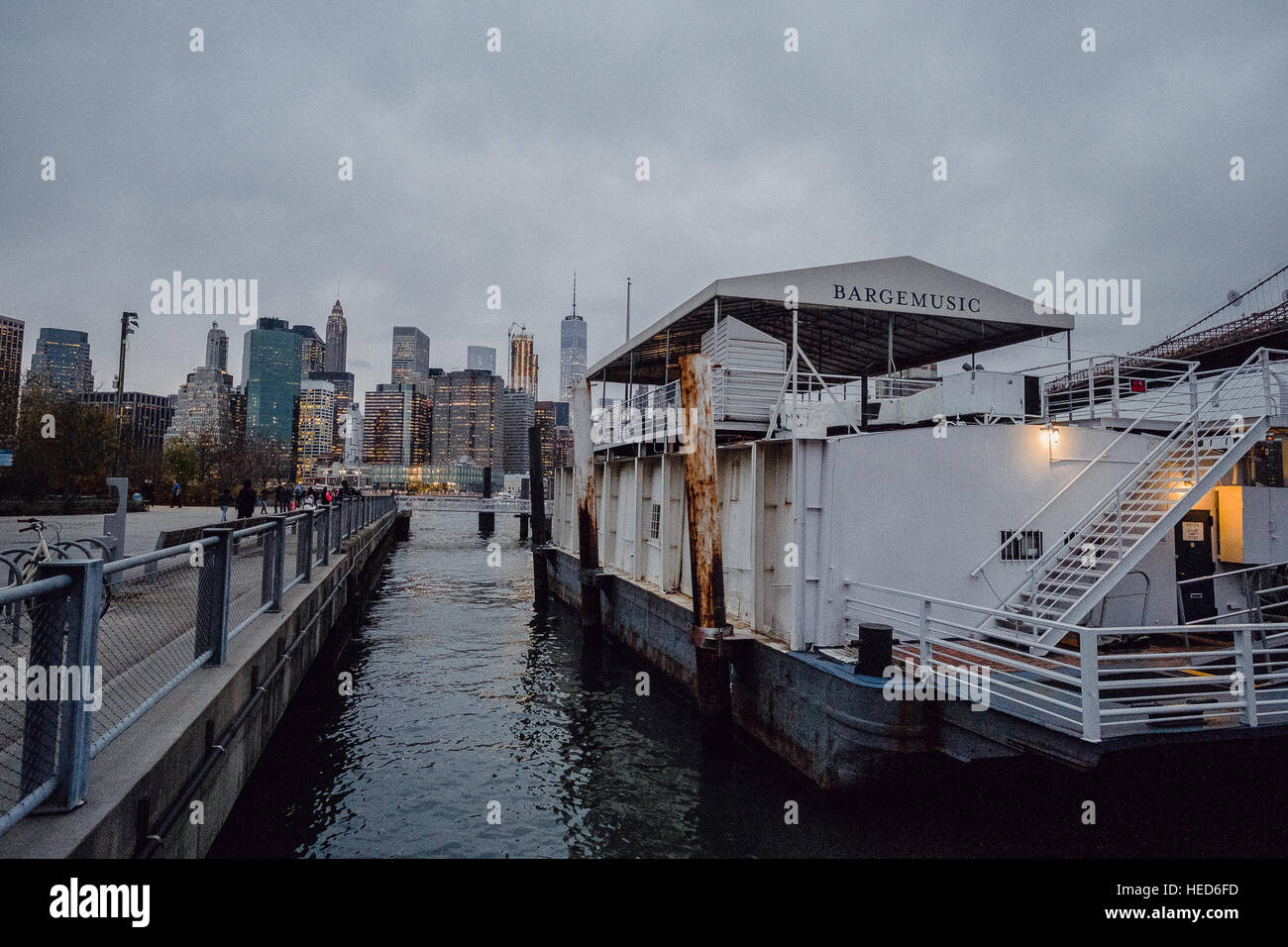 Barge Music at the foot of the Brooklyn Bridge, USA, New York, America ...