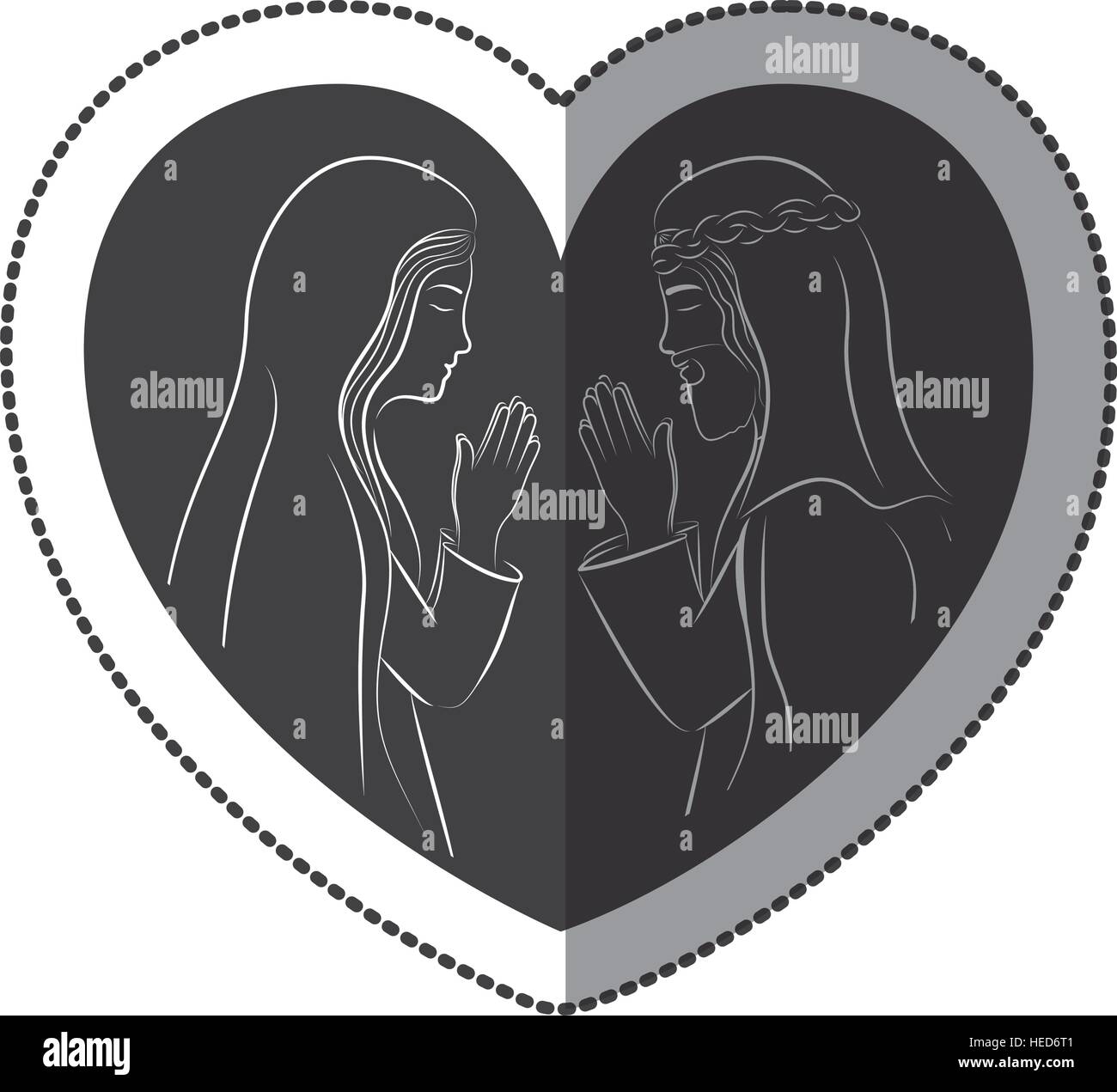 Jesus and Mary inside heart icon. Religion faith pray and belief theme ...