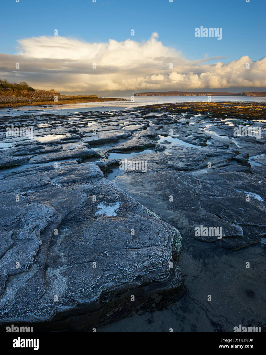 Rocky beach at Castletown, Caithness, Scotland. Frosty bedrock slabs ...