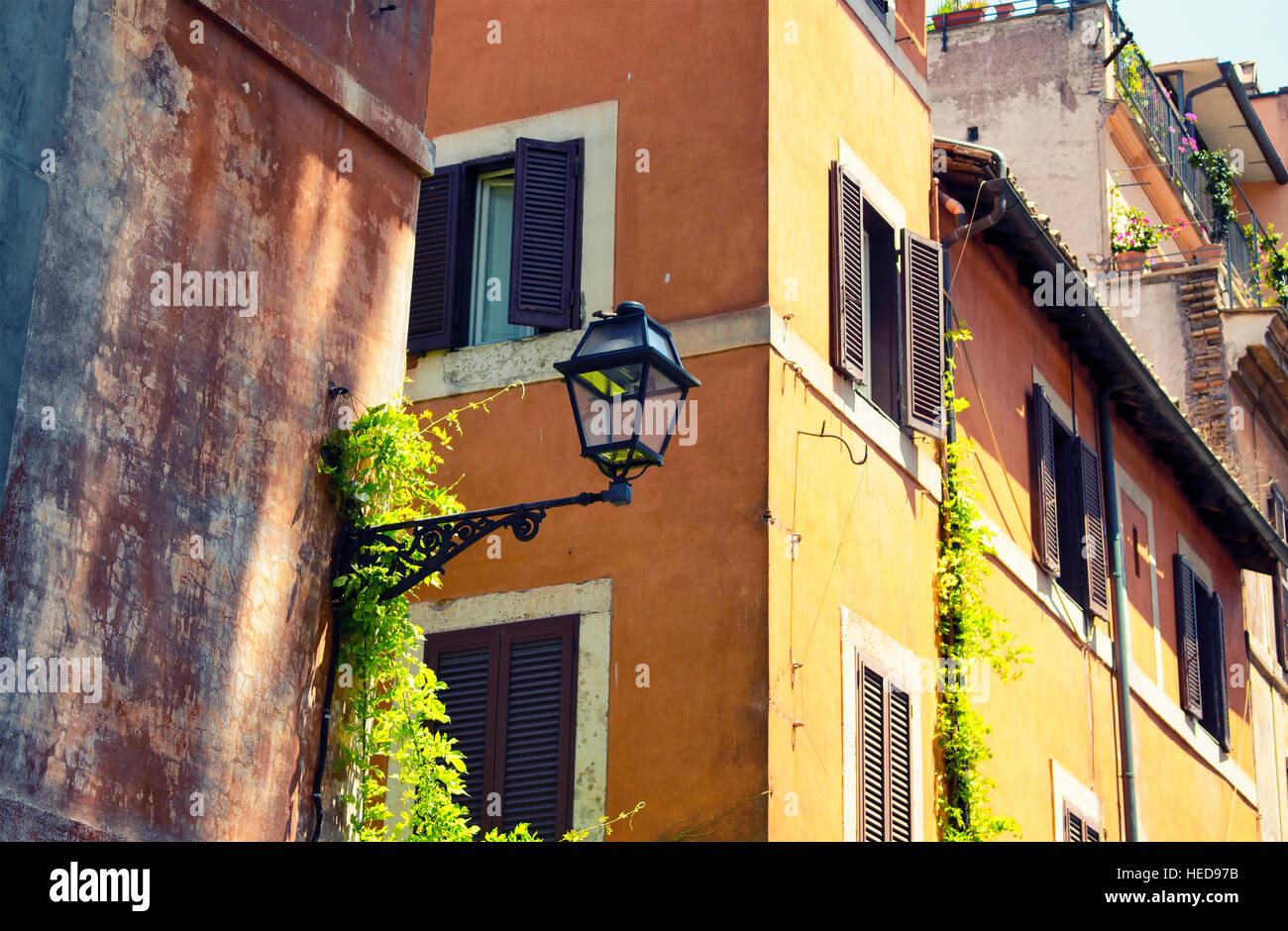 View of a traditional, old street lamp in Trastevere area in Rome. The ...