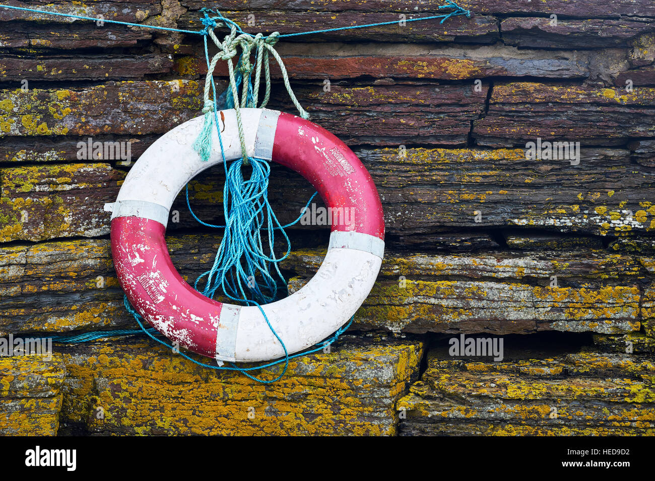 Lifebuoy and harbour wall, Castlehill, Castletown, Caithness, Scotland ...
