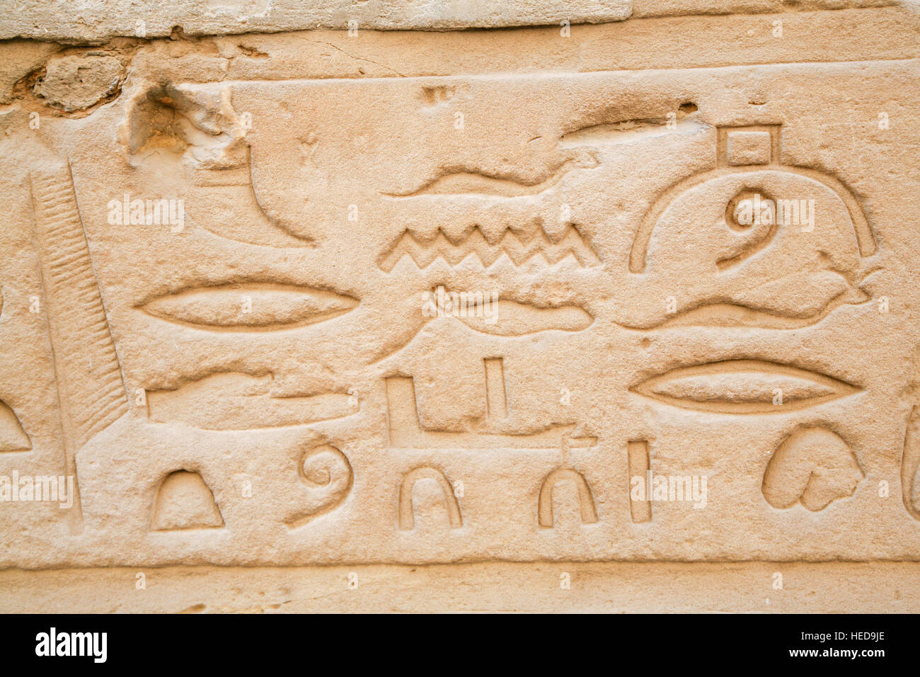 stone wall of Egyptian Edfu Temple of falcon god Horus, with carving ...