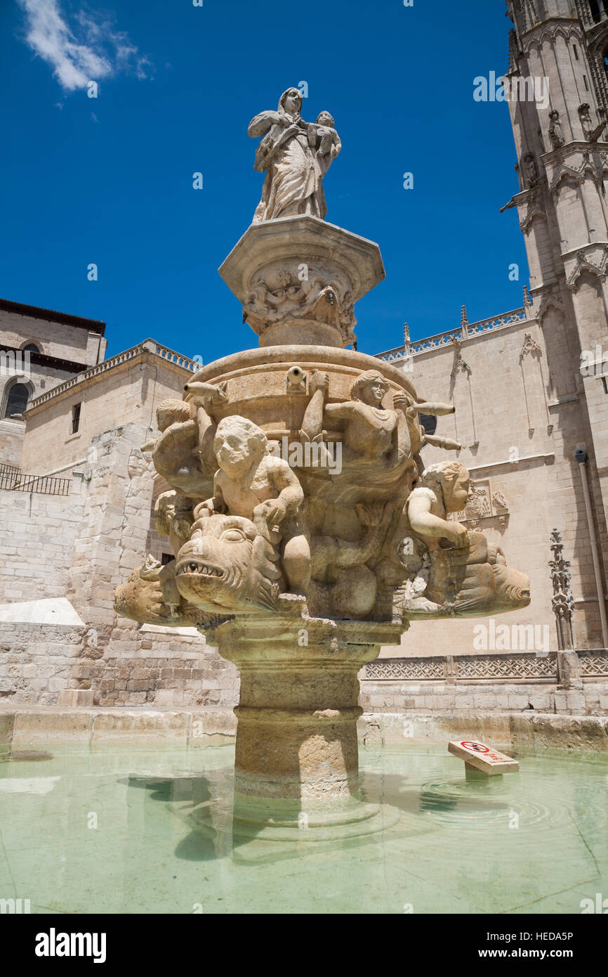 sculpture in fountain next to facade landmark of famous gothic catholic ...
