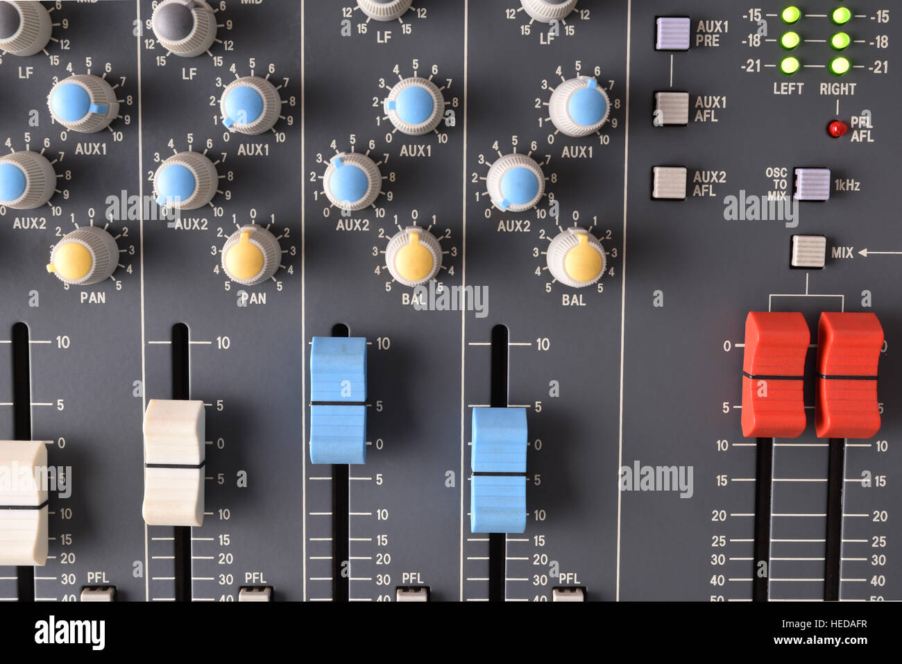 Buttons close up sound mixer on white table. Top view. Horizontal ...