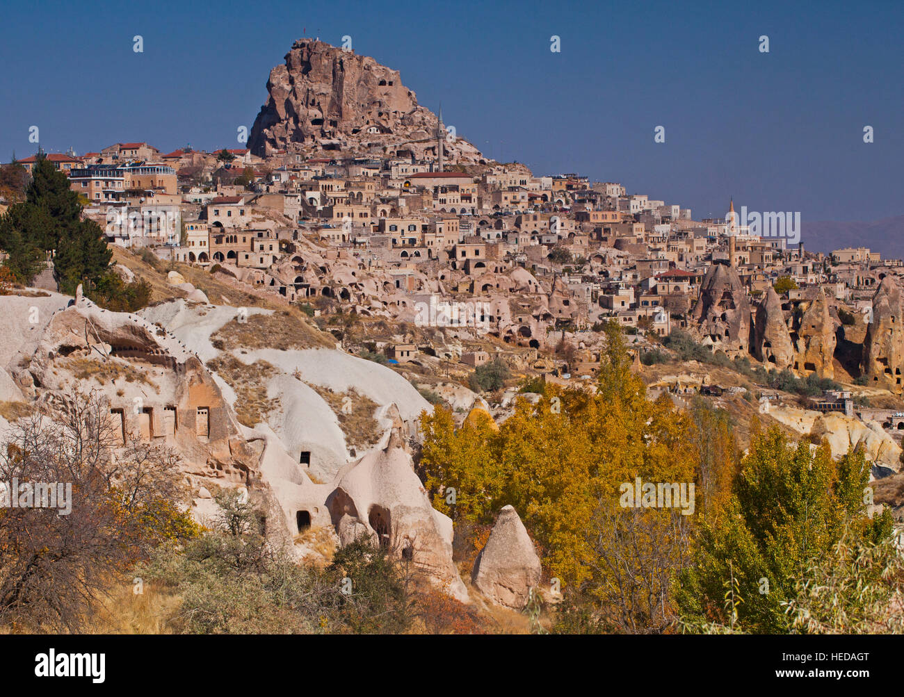 The town of Uchisar from Pigeon Valley, Cappadocia, Anatolia, Turkey ...