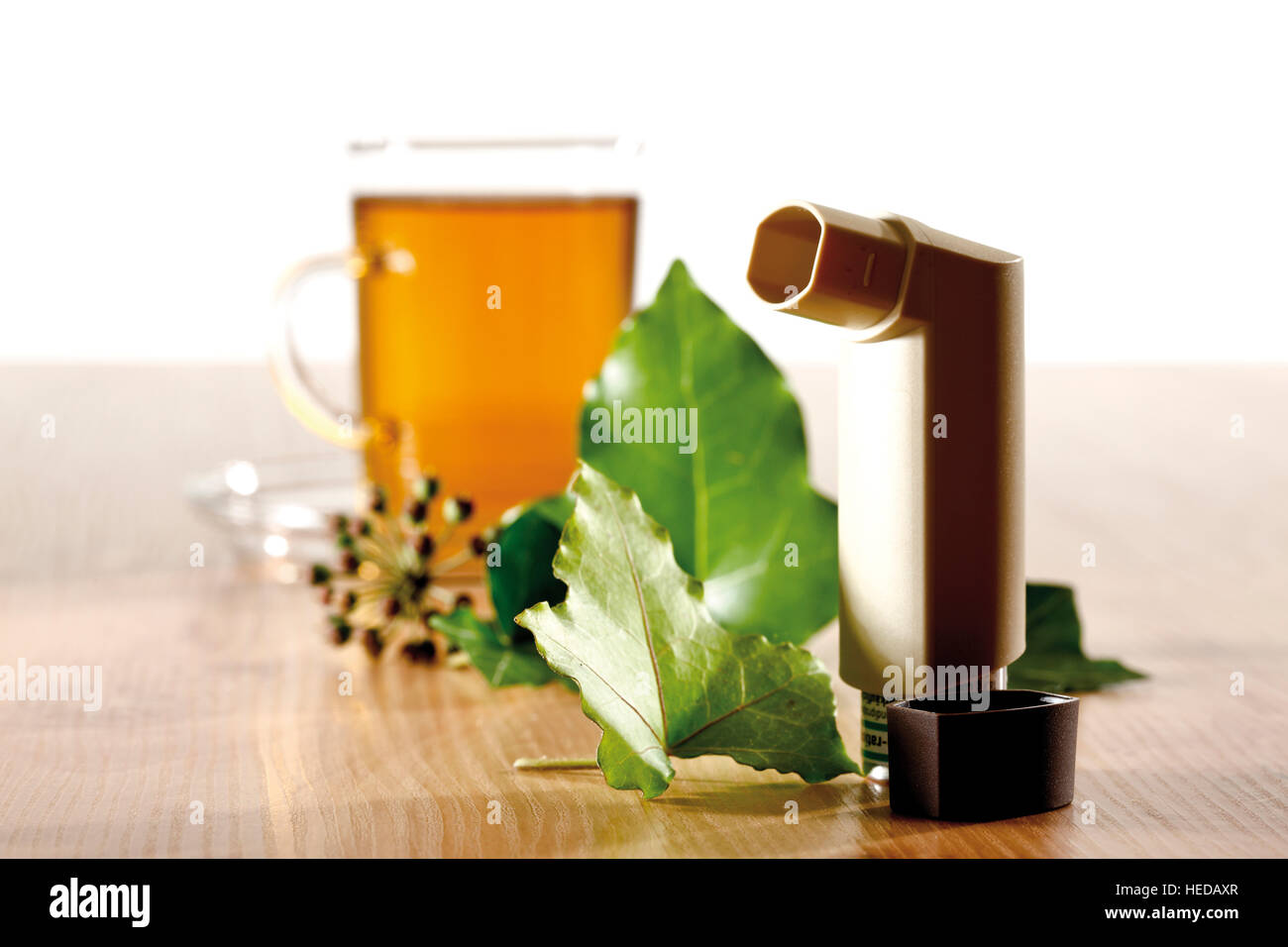 Mug of tea, inhaler and ivy leaves (Hedera helix Stock Photo - Alamy