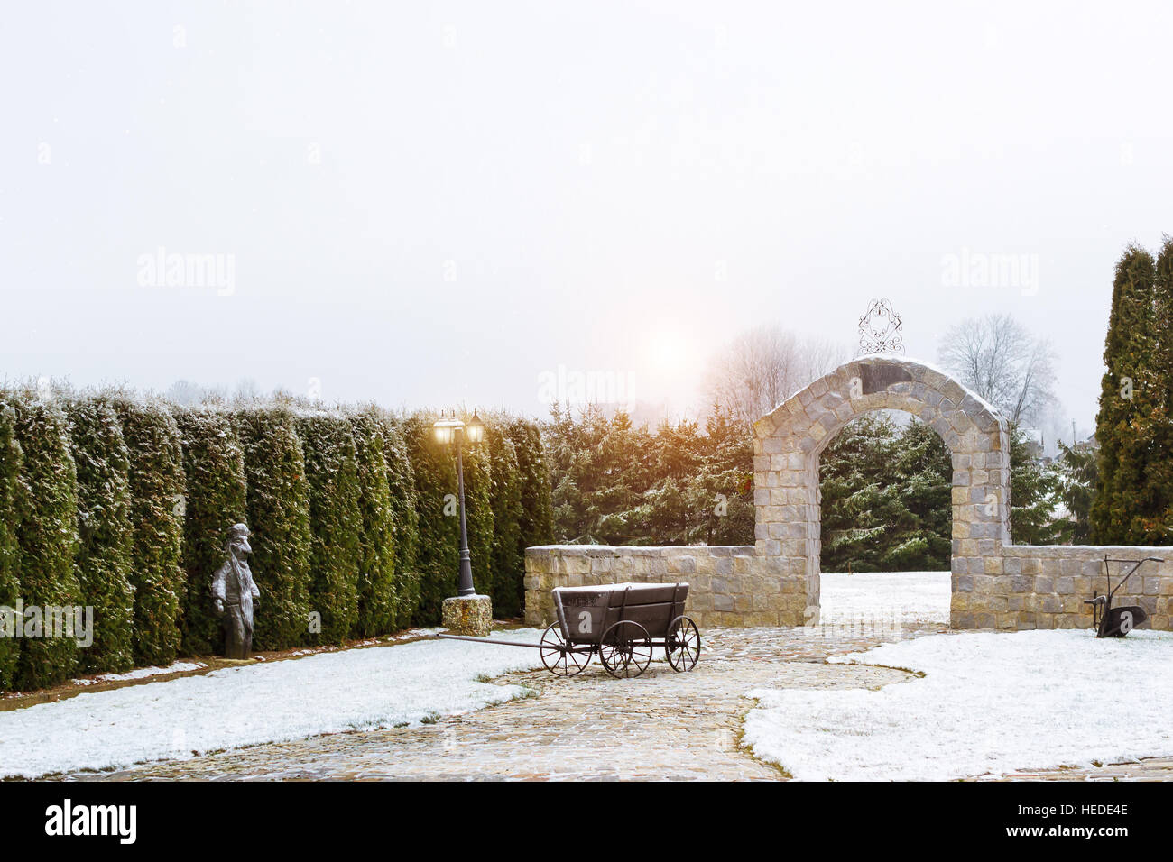 Lithuanian countryside, snowy winter. Baltic rustic architecture with ...