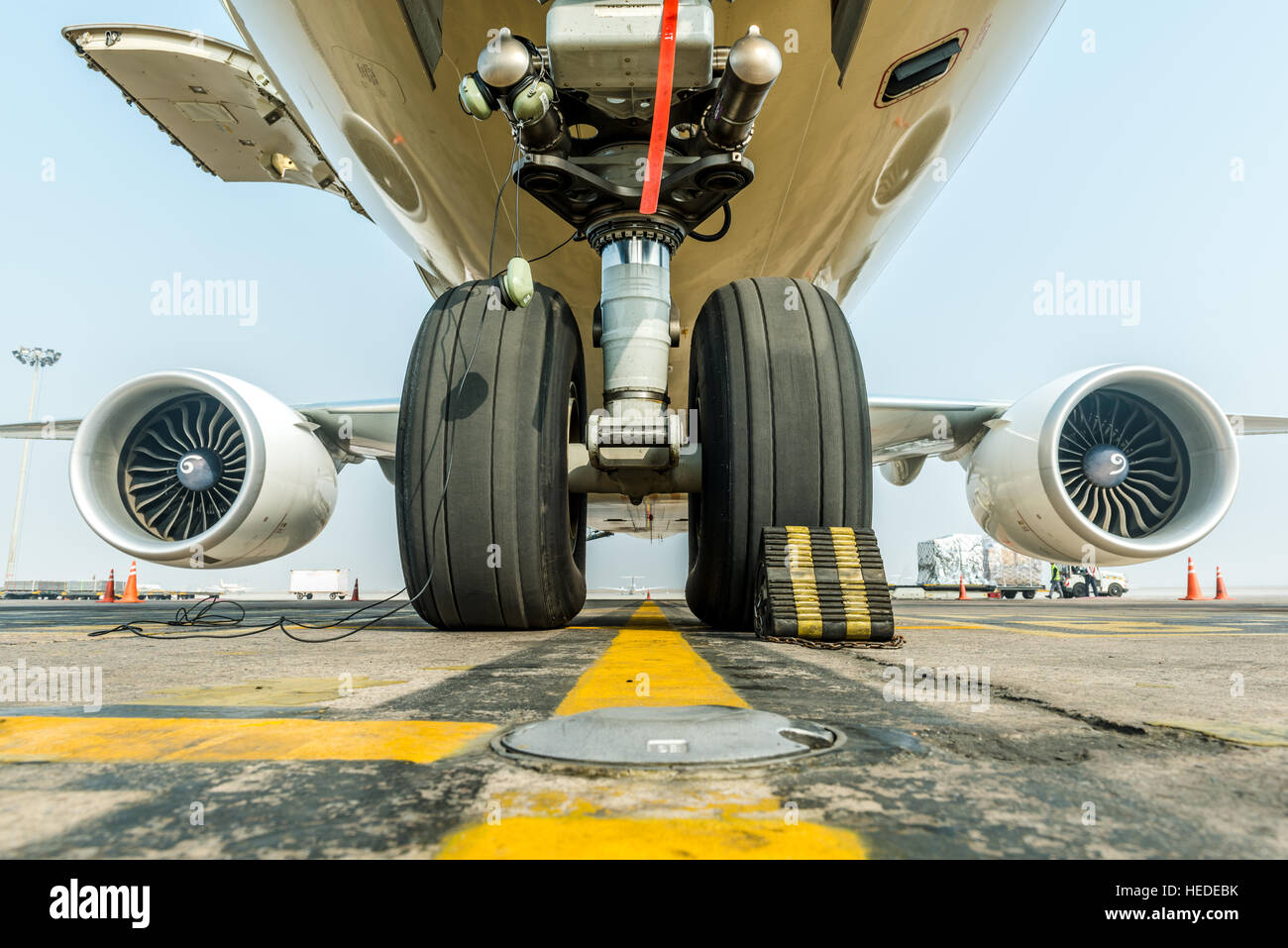 Aircraft undercarriage. View of a large commercial aircraft from just ...