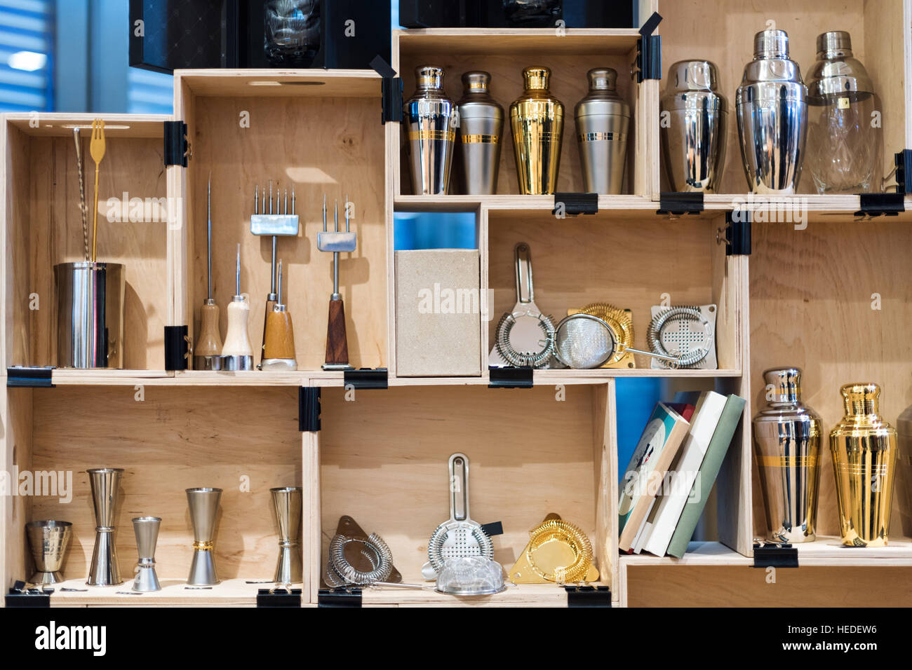 Barman equipment. Bartender tools in wooden boxes Stock Photo - Alamy