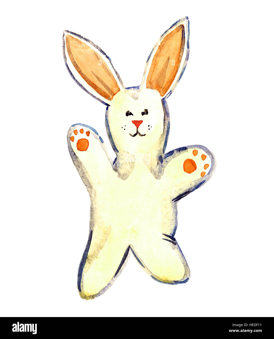 White plush handmade rabbit, isolated hand painted watercolor ...