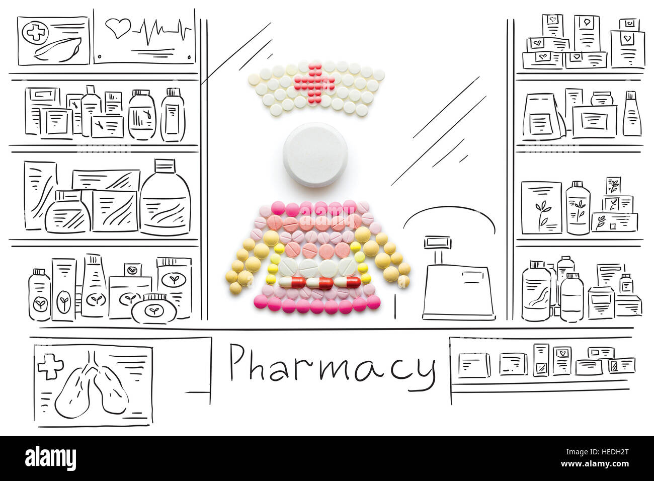 Creative medicine and healthcare concept made of drugs and pills, nurse ...