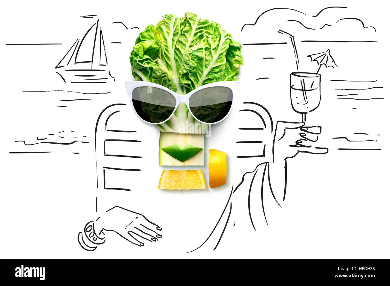 Quirky food concept of cubist style female face in sunglasses on a ...