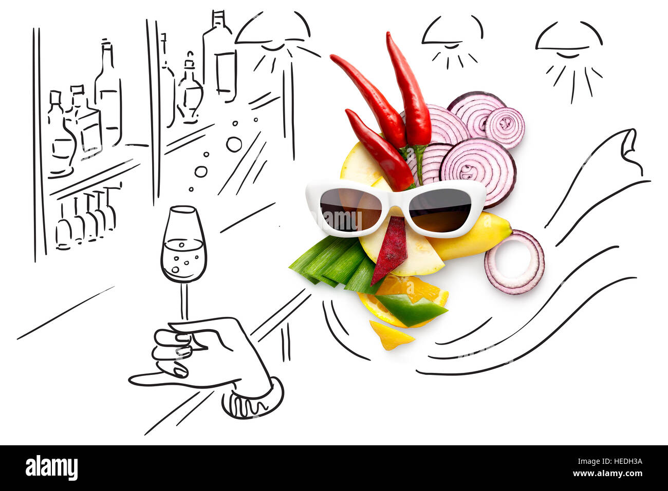Quirky food concept of cubist style female face in sunglasses in a bar ...