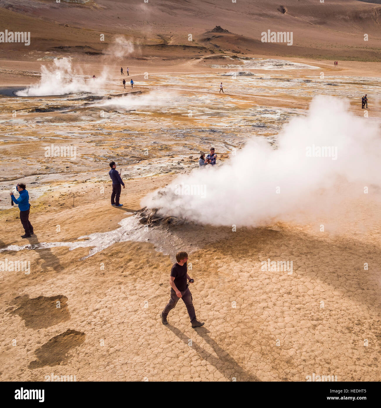 Tourists at Namaskard Geothermal area in Northern Iceland. Drone ...