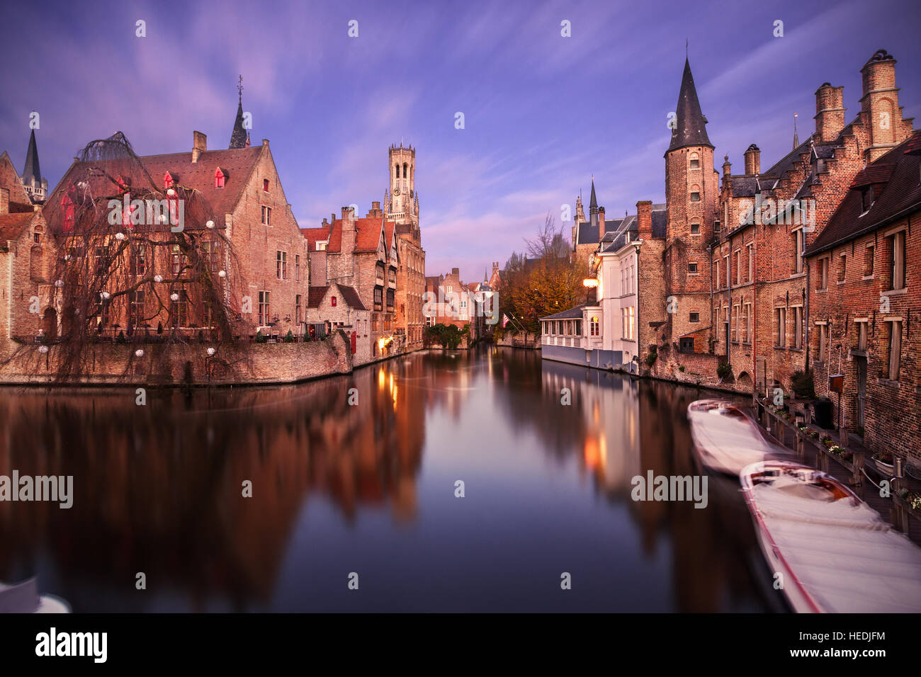 Bruges (Brugge), Belgium: view from Rozenhoedkaai at dusk Stock Photo ...