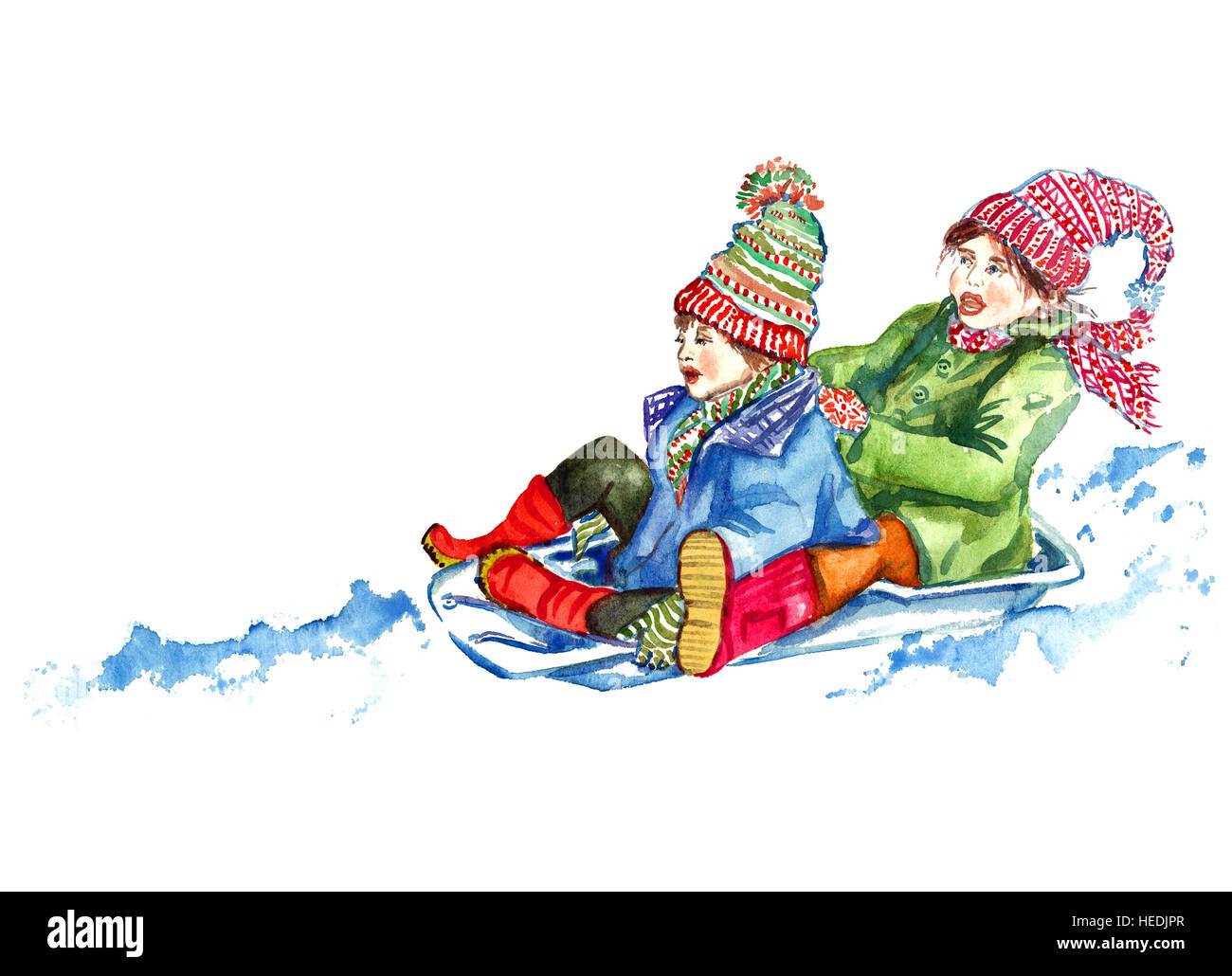 Children sledding, isolated hand painted watercolor illustration Stock ...
