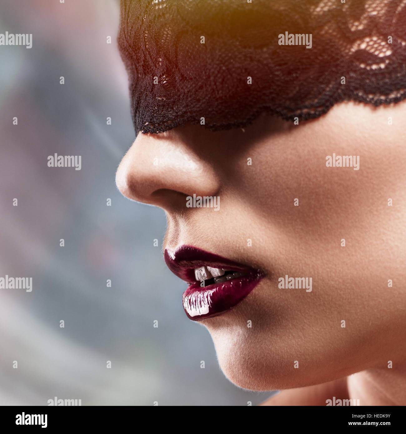 Secret, female portrait, face part with black mask Stock Photo - Alamy