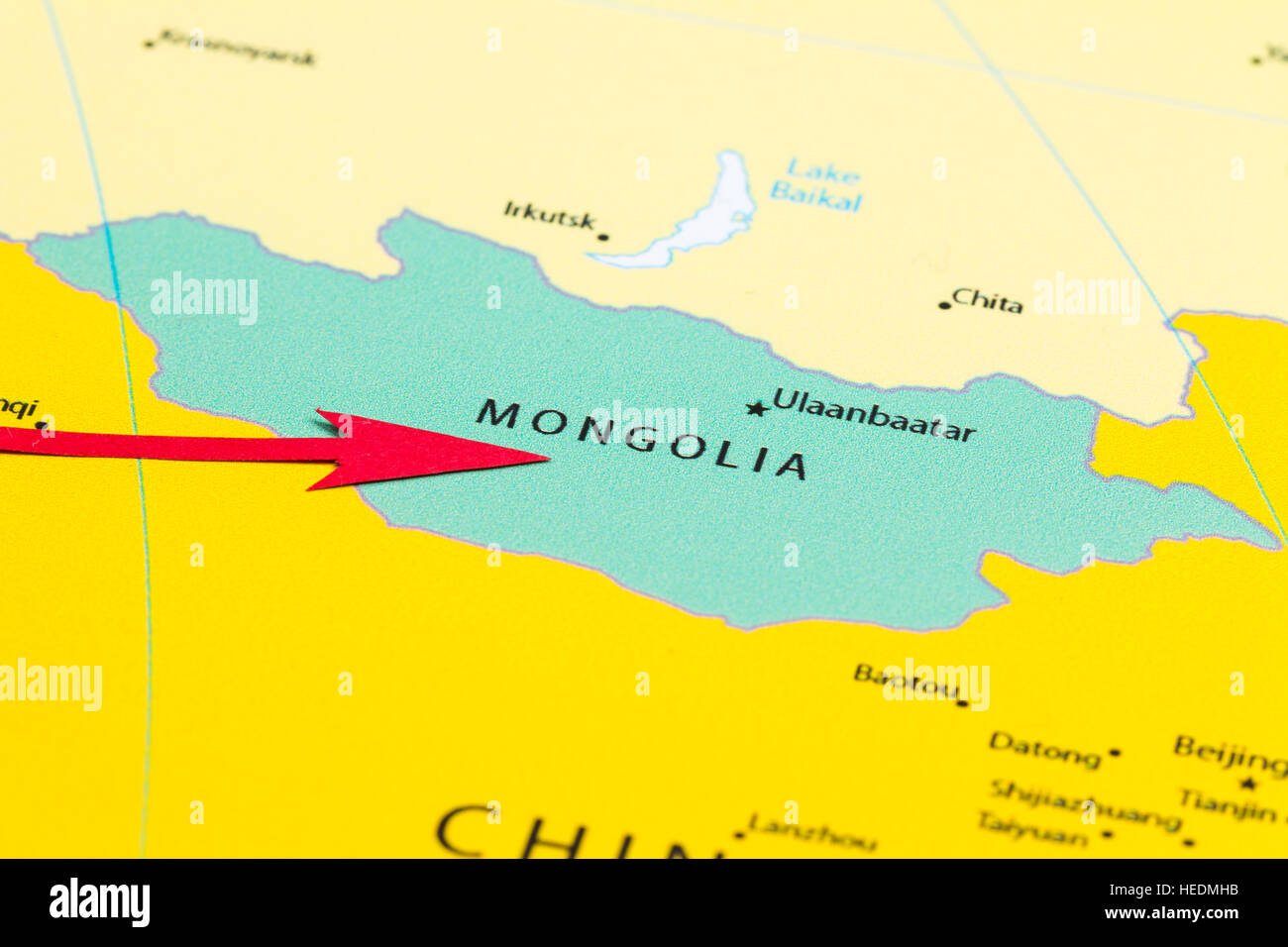 Red arrow pointing Mongolia on the map of Asia continent Stock Photo ...