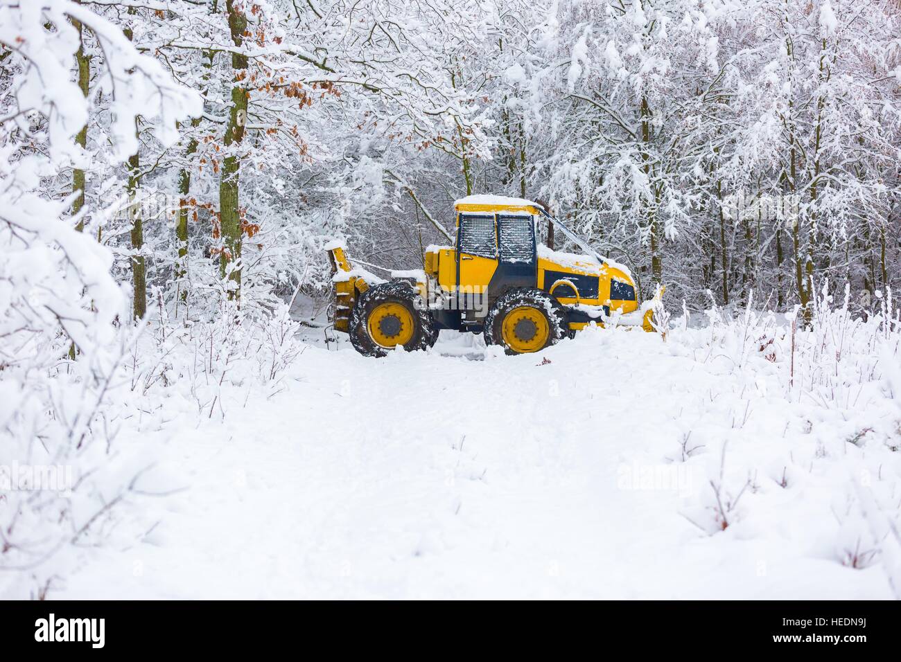 Snow plow on winter road. Winter landscape with machine (snow plow at ...