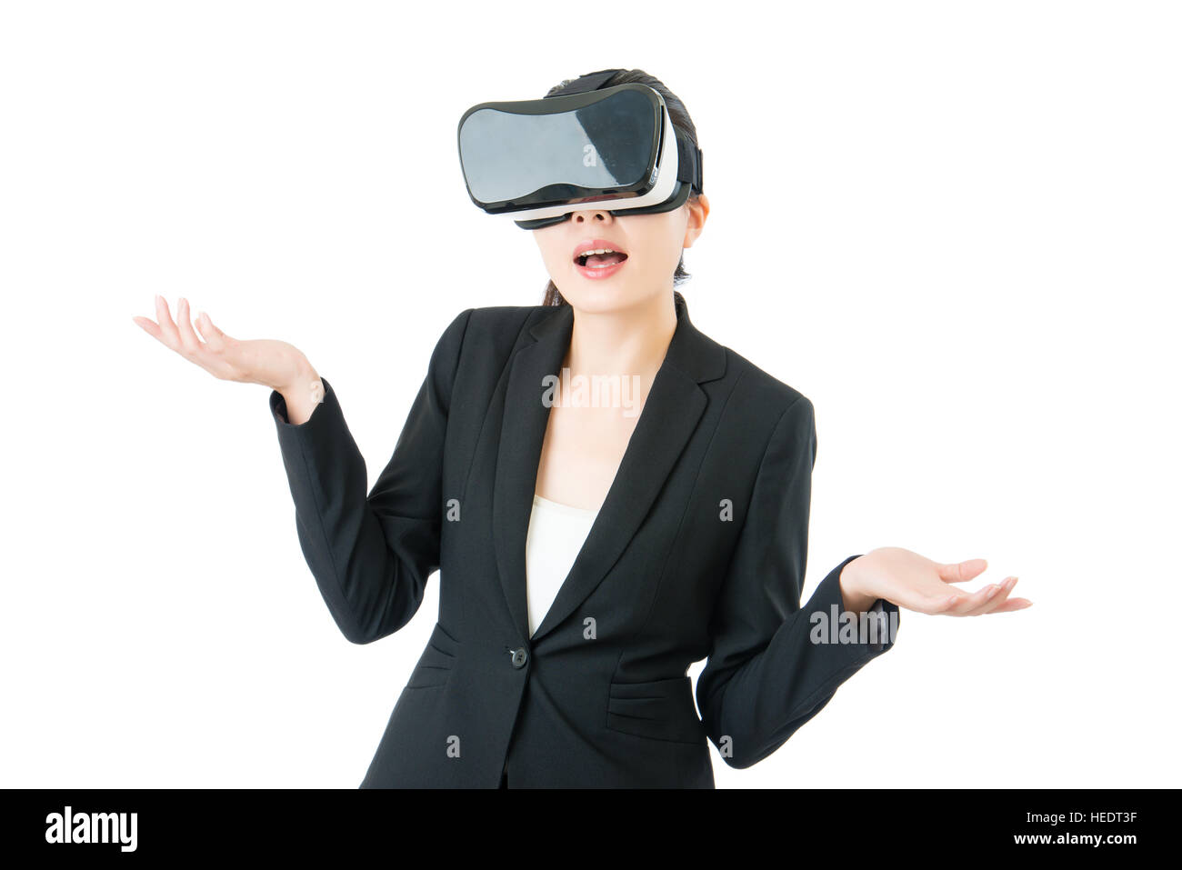 asian business woman question about virtual reality. VR headset glasses ...