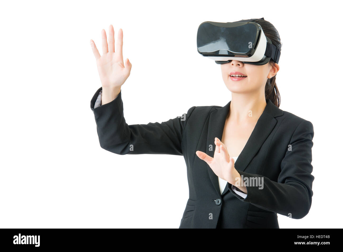 asian business woman touch screen by virtual reality. VR headset ...